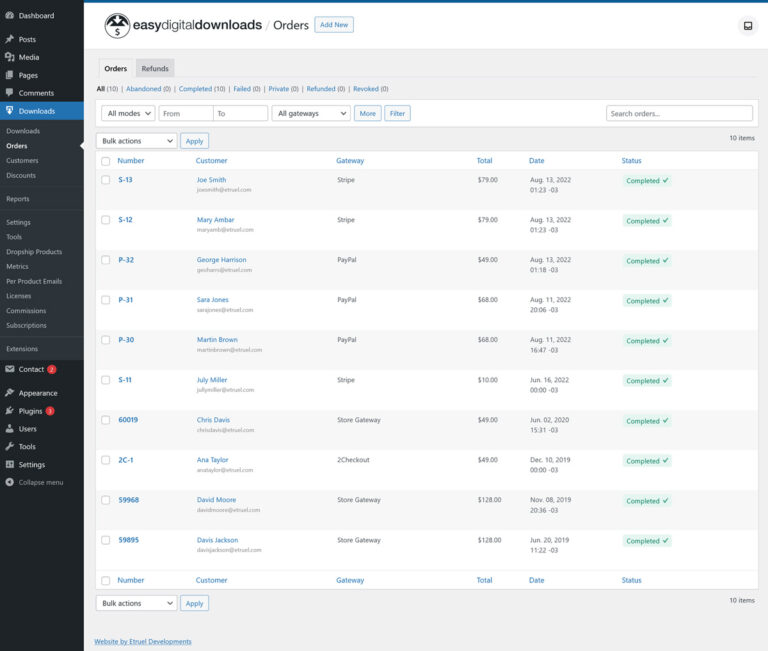 EDD Order Numbers by Gateway - etruel.com